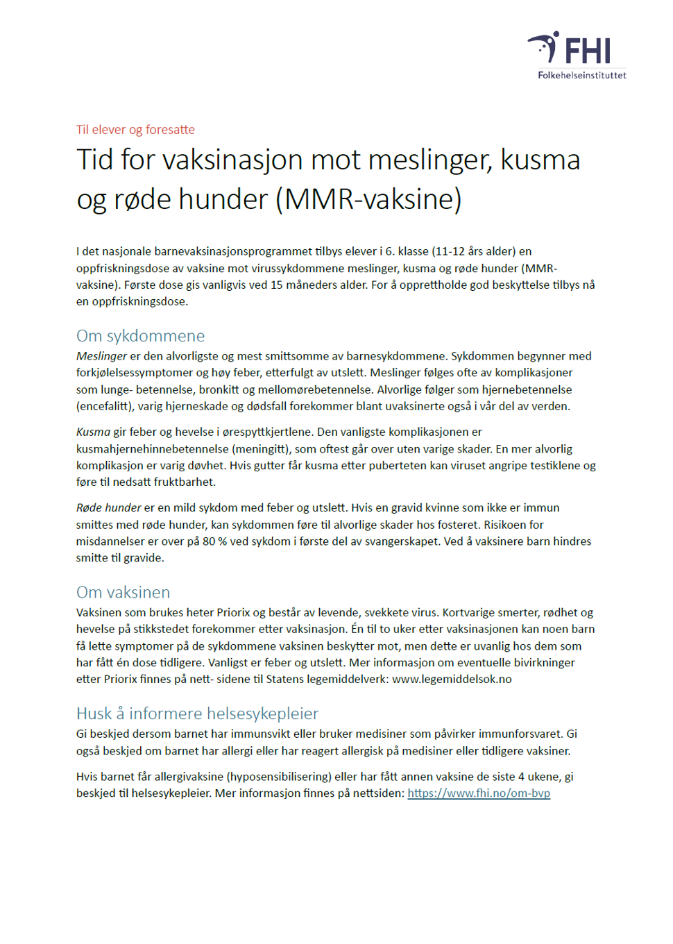 Informasjonsark og samtykke for vaksinasjon i skolealder (2., 6., 7. og ...