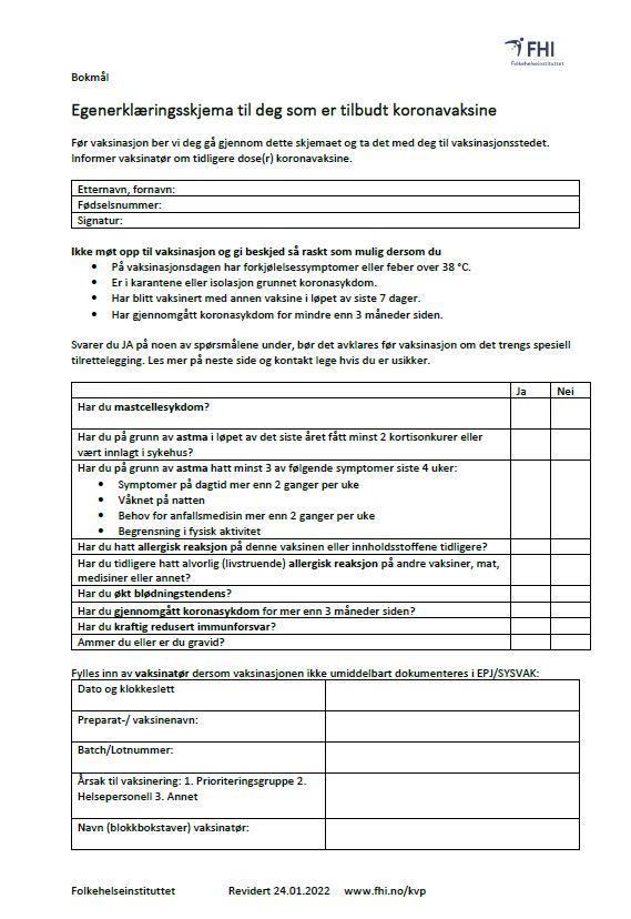 Egenerklæringsskjema for koronavaksinering - FHI