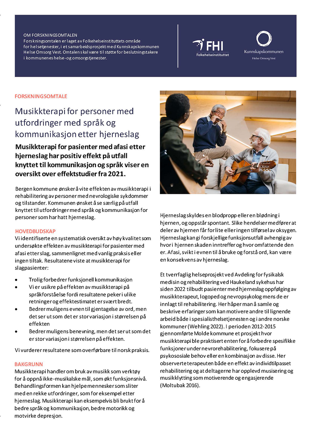 Musikkterapi for personer med utfordringer med språk og kommunikasjon etter hjerneslag - FHI