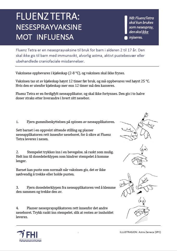Informasjonsark til helsepersonell om nesesprayvaksinen Fluenz Tetra - FHI