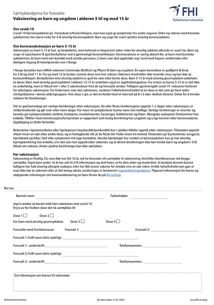 Samtykkeskjema - vaksinasjon av barn og unge i alderen 5 til og med 15 år - FHI
