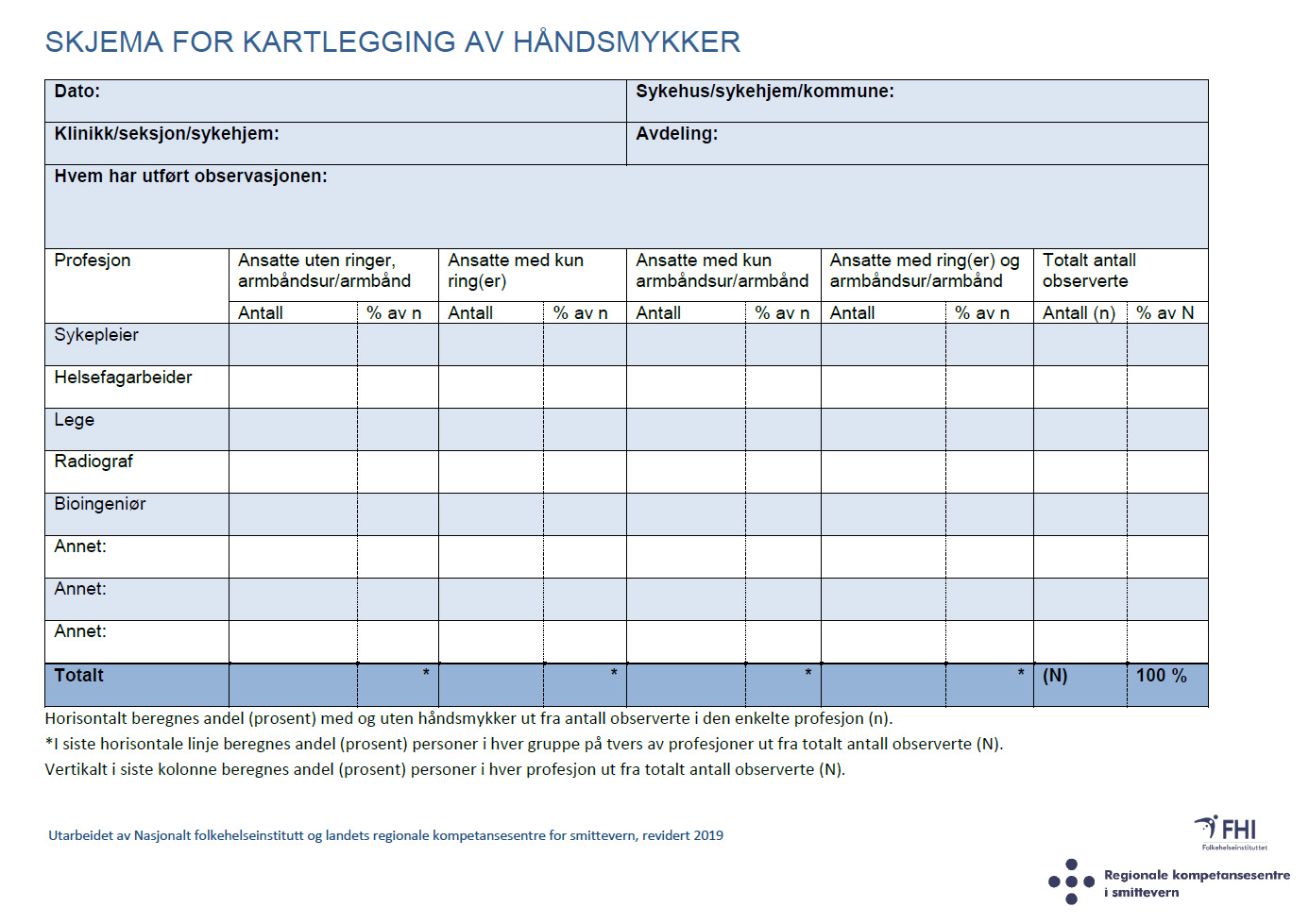 Registreringsskjema håndsmykker i sykehus og sykehjem - FHI
